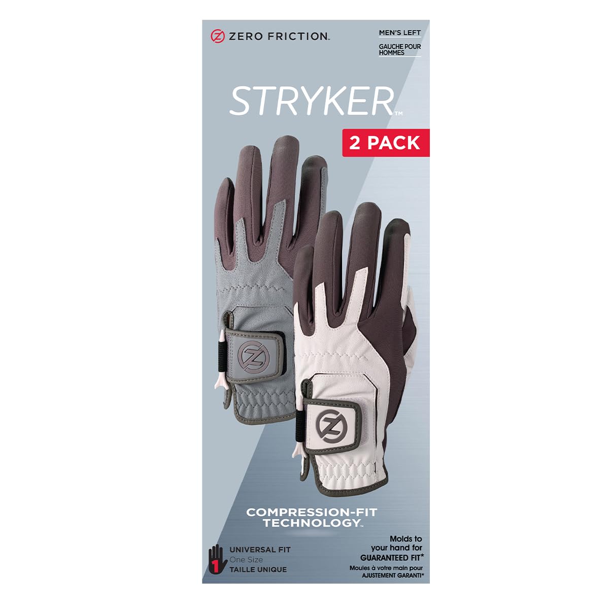 Zero Friction Men's Stryker Golf Glove, Universal Fit One Size (Pack of 2), Left Hand, Grey/White
