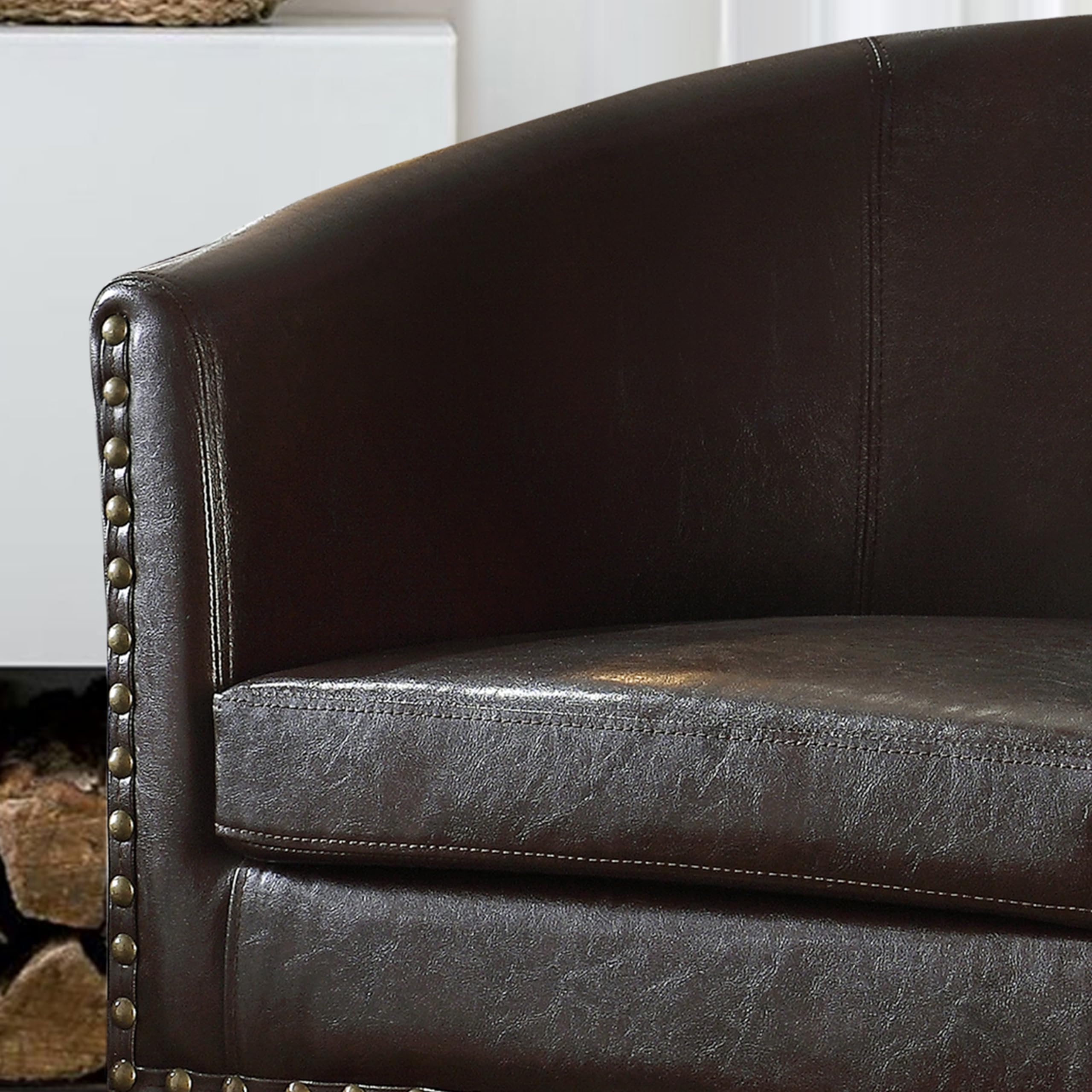 Rosevera Kirkham, Nailhead, Bedroom Accent, Sturdy Reading, Faux Arm, 27" Barrel, Leather Club, Side Chairs for Living Room, Standard, Espresso