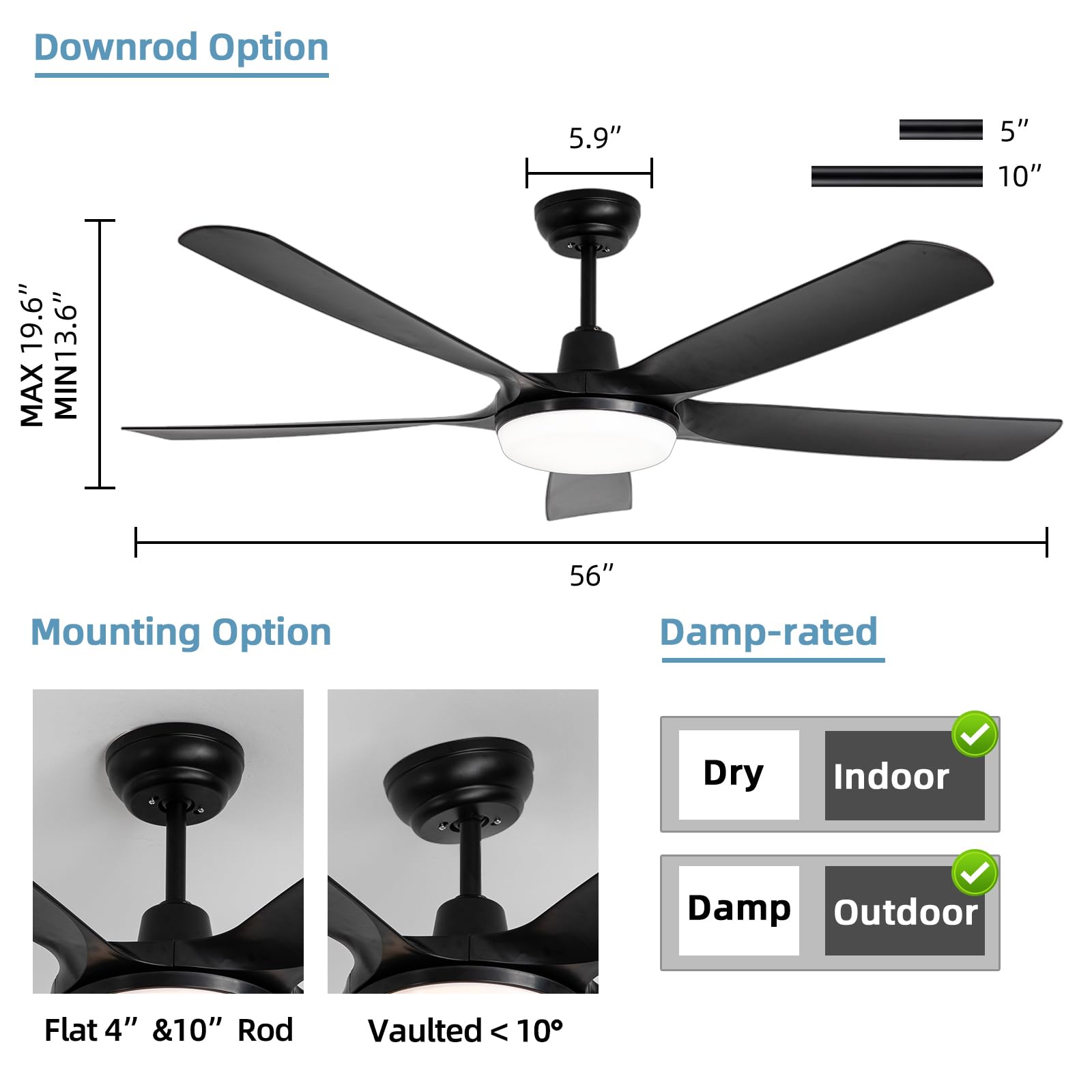 Viossn Ceiling Fan with Lights, 56 Inch Outdoor Ceiling Fan with light 5 Reversible Blades,Dimmable, Black Ceiling Fan with Remote Control for Bedroom Living Room Patio