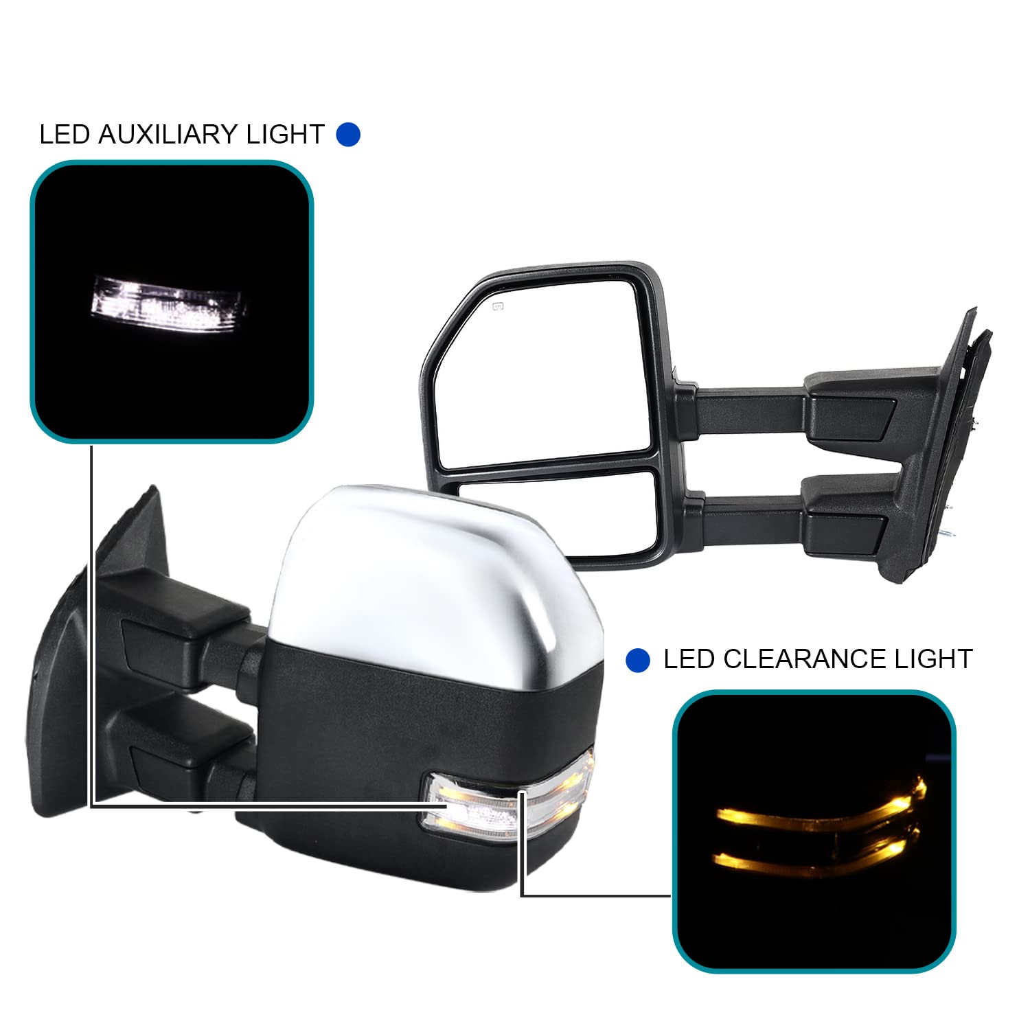 Spec-D Tuning Chrome Telescopic Towing Mirror Clear Signal Power Heated Compatible with Ford F250 Super Duty 1999-2016