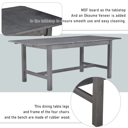 TREXM Six-Person Rubber Wood & MDF Boards Dining Table Set Four Chairs A Bench Adjustable Table Length with Hidden Flip Leaves (Gray)