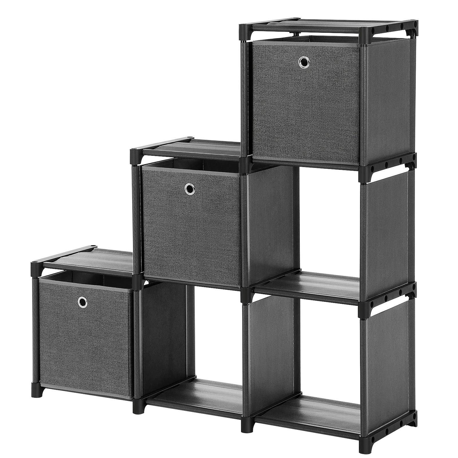 SONGMICS Cube Storage, 6-Cube Bookcase, Ladder Storage Unit with 3 Storage Boxes, DIY Closet Organizer, Sturdy Metal Frame, Includes Rubber Mallet, 41.4 x 11.8 x 41.4 Inches, Black ULSN23BK