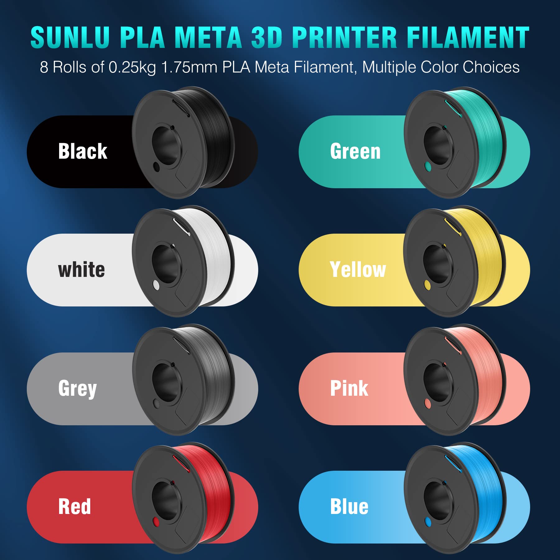 SUNLU 250G PLA Meta and Silk PLA Filament 1.75mm Bundle, 3D Printer Filament Bundle Multicolor,,0.25 kg Spool, 8 Rolls,Black+White+Grey+Blue+Green+Red+Pink+Yellow