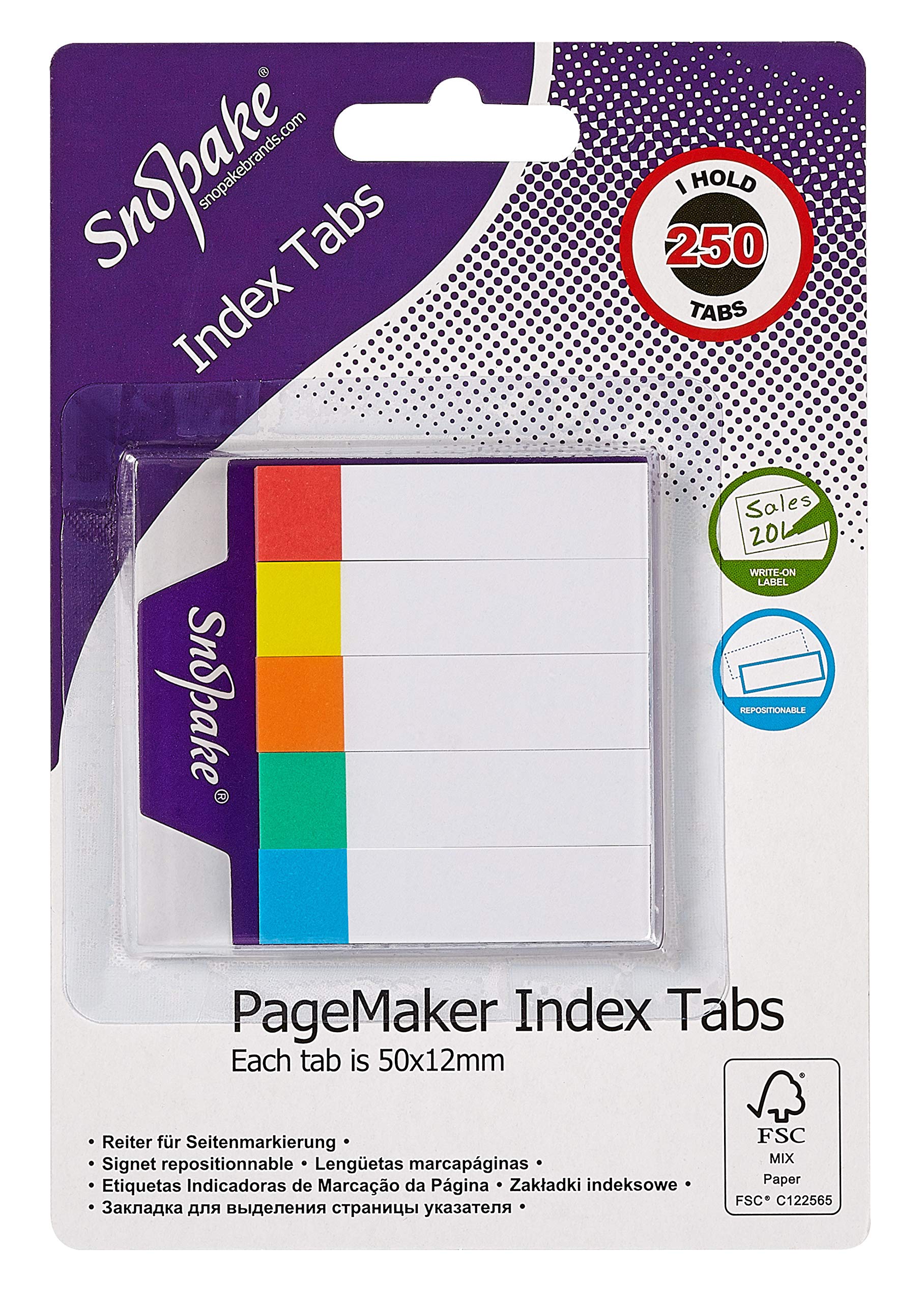 Snopake Index Tab PageMarkers 50 x 12 mm - 250 Tabs - White with Assorted Tips [Pack of 1] Ref: 13150