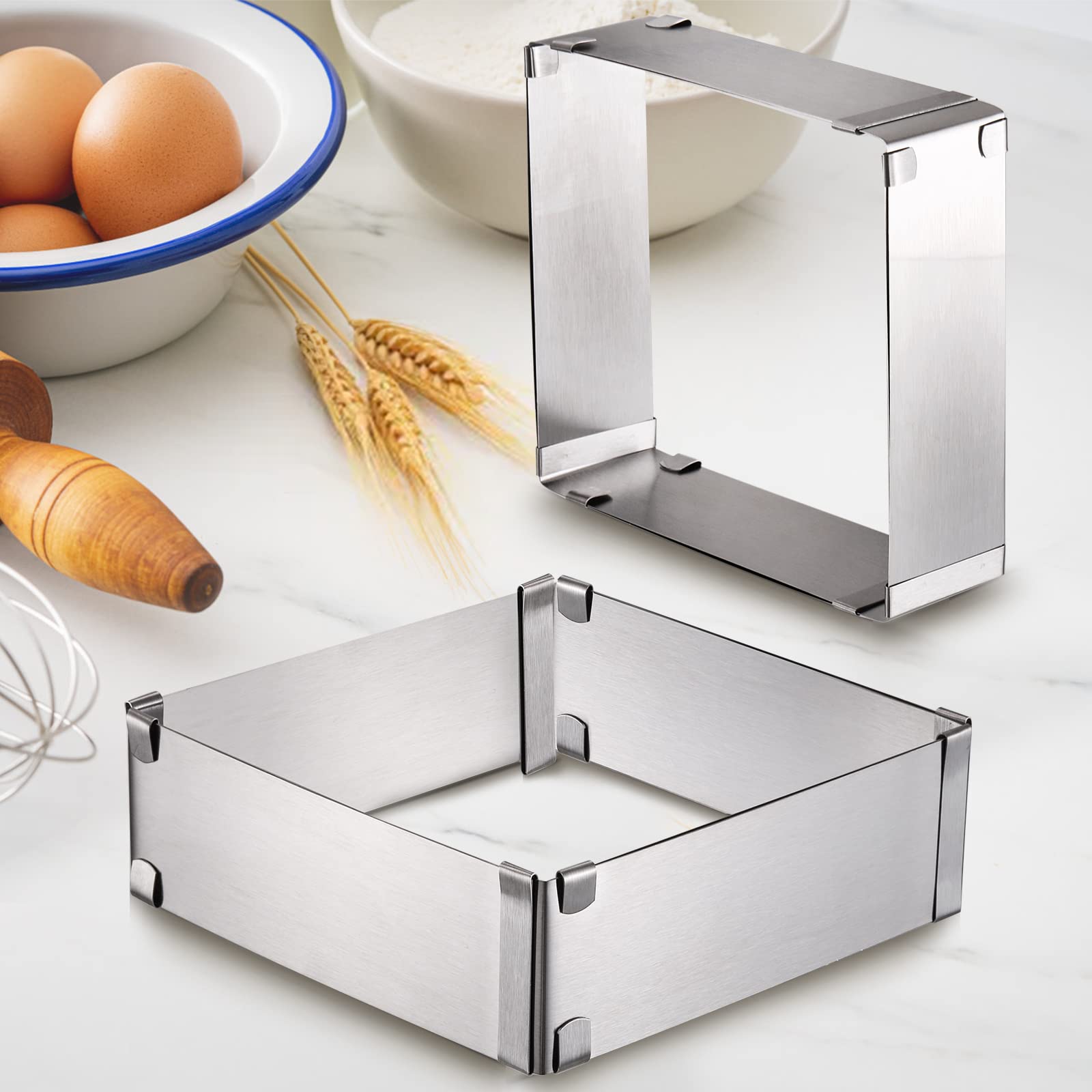 YOUEON 4 Pack Square Cake Molds Ring Adjustable from 6" to 11", Stainless Steel Mousse Cake Ring, Baking Molds, Pastry Making Tool for Birthday Cake, Party Dessert, Handmade Snack