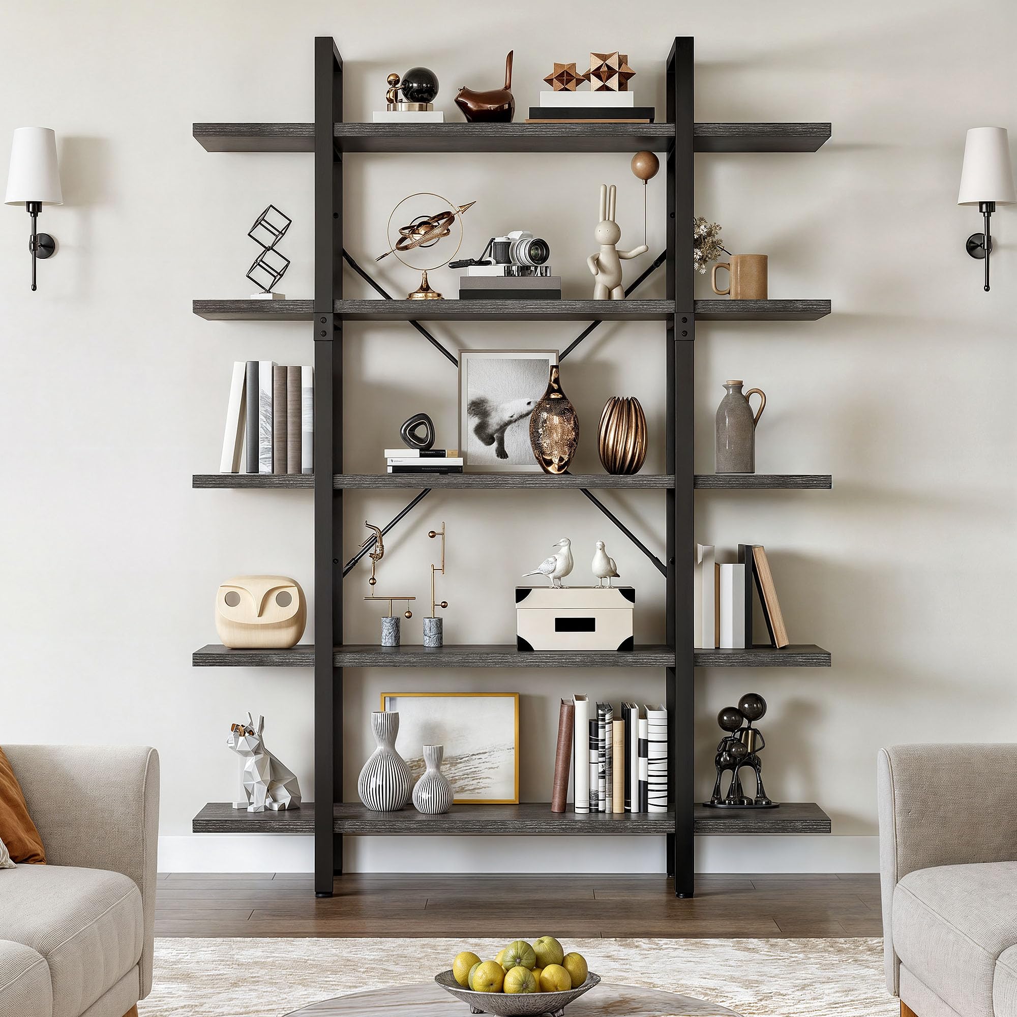 YITAHOME Book Shelf,5 Tier Bookcase, 12" D x 47" W x 71" H Large Industrial Shelf Storage Organizer for Living Room, Bedroom,Home Office, Free Standing Storage Shelving Unit, Charcoal Gray + Black
