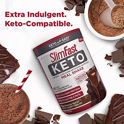 SlimFast Keto Meal Replacement Powder, Fudge Brownie Batter, Low Carb with Whey & Collagen Protein, 10 Servings