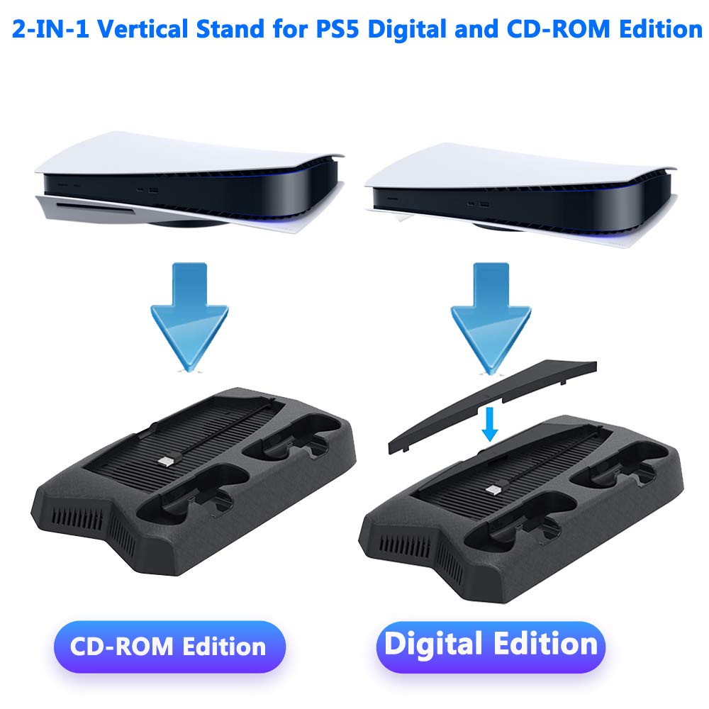 Vertical Stand for Playstation 5 with Cooling Fan Charging Station for PS5 Digital/CD-ROM Edition Console with 14 Game Storage Organizer 3 USB Port for PS5 and DualSense (White)