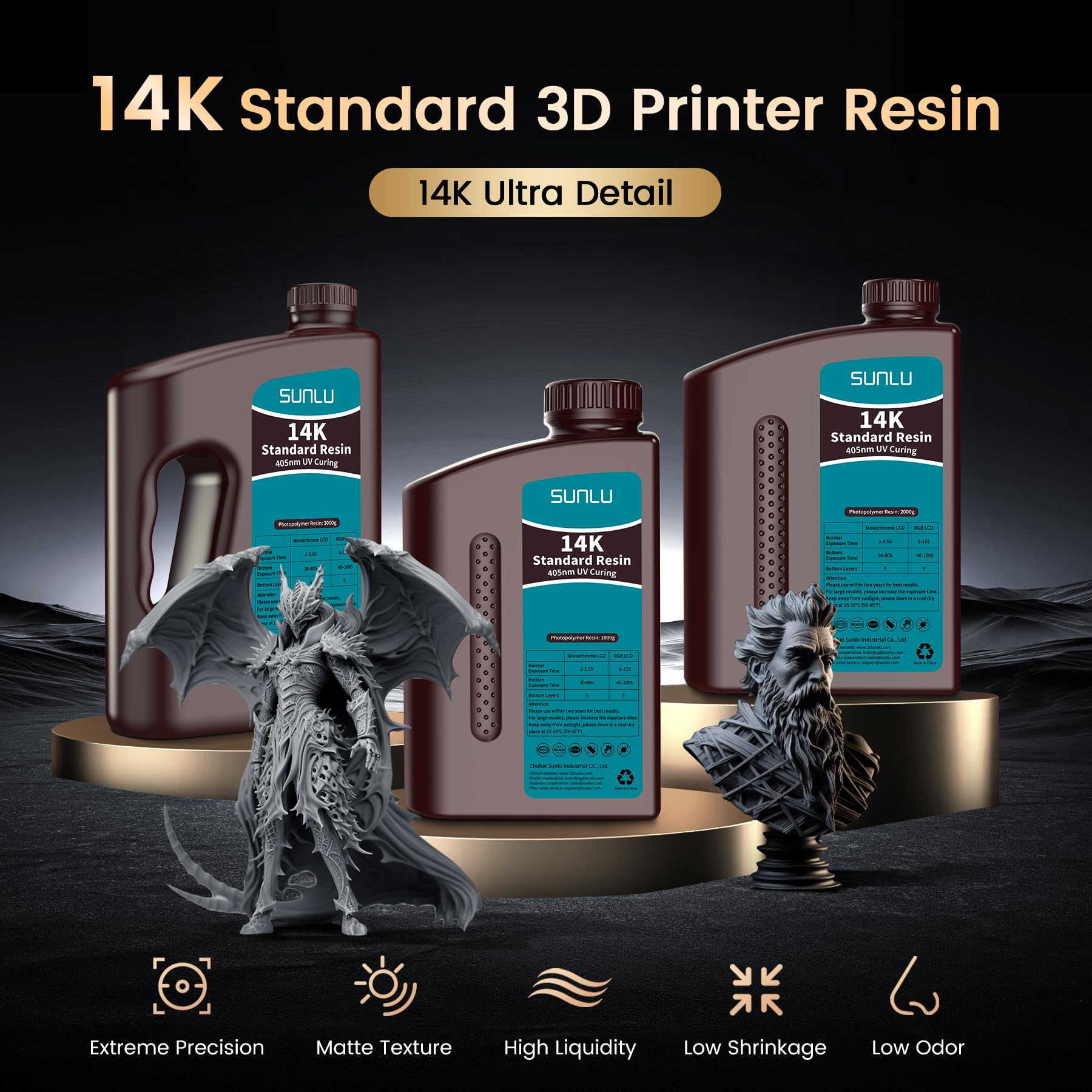 SUNLU 3D Printer Resin, 2000g Standard Photopolymer 405nm UV Curing Resin for 4K/8K LCD/DLP/SLA Resin 3D Printer, 3D Printing Liquid Fast Curing Resin, High Precision, Low Shrinkage, 2KG, Grey