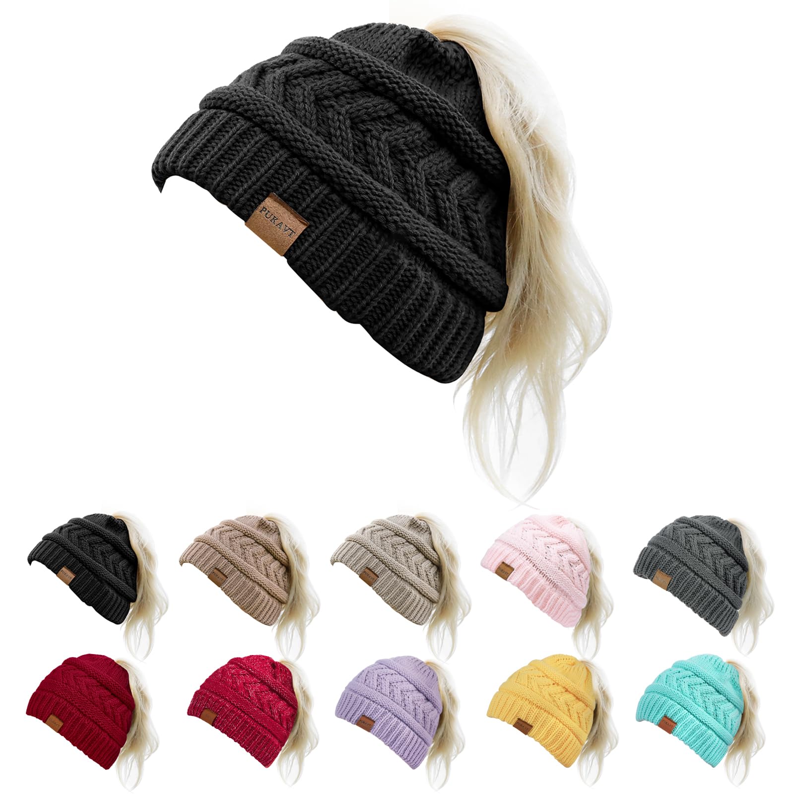 Pukavt 1 Pack Winter Hat Ponytail Beanie Hat for Women,Soft Stretch Cable Knit Messy Bun Beeanie,Trendy and Warm Black
