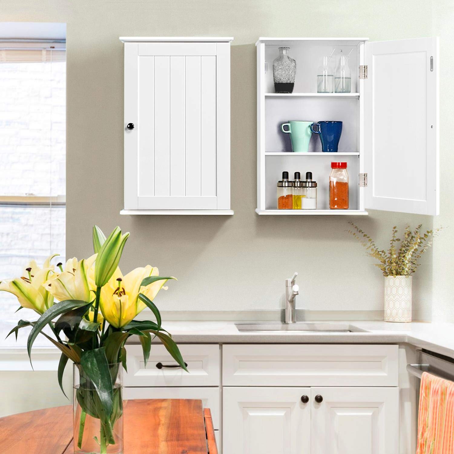 Yaheetech Bathroom Wall Cabinet, Medicine Cabinet with 2 Adjustable Shelves and Single Door, Bathroom Storage Cabinet Wall Mounted MDF Board for Bathroom, Kitchen, Laundry Room, White