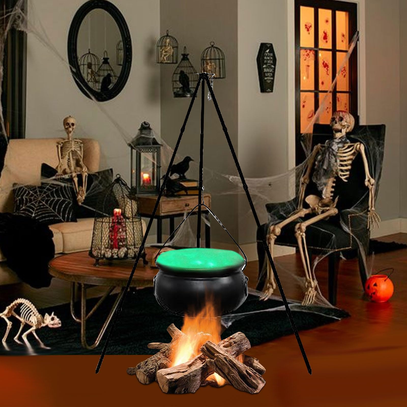 Witches Cauldron, Large Halloween Cauldron Decor On Tripod with Timer Green Lights, Plastic Giant Witch Cauldron Halloween Decorations for Outdoor Porch Yard Lawn Outside (L, Black)