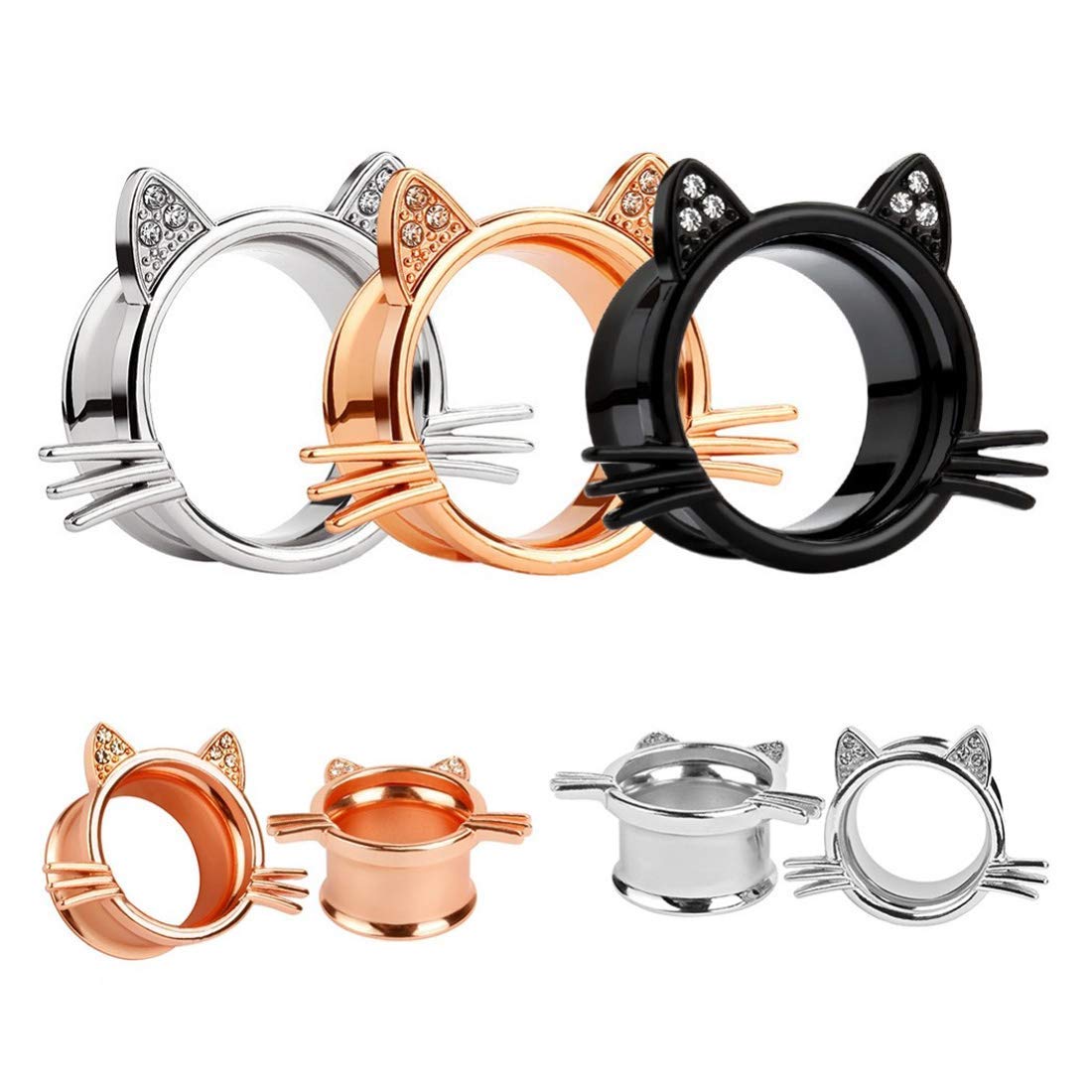 SUPTOP 2pcs Cute Kitty Ear Gauges Plugs And Tunnels for Ear Rose Glod Stretched Ears Size 2g - 1 inch