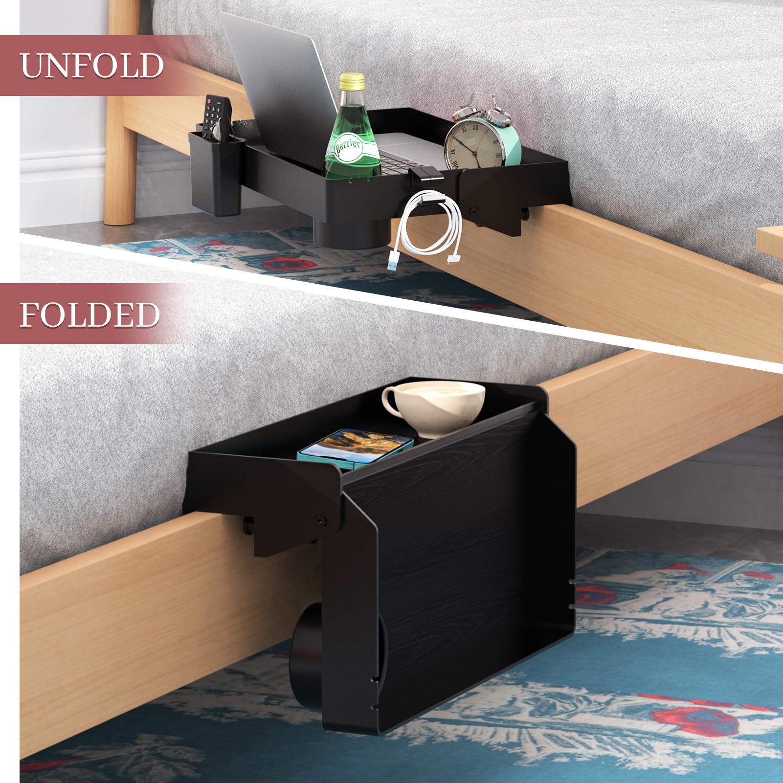 SOLEJAZZ Bedside Shelf for Bed, Folding Bunk Bed Shelf for Top Bunk Clip On Nightstand College Dorm Room Essential Table Tray, Plus Size, Black