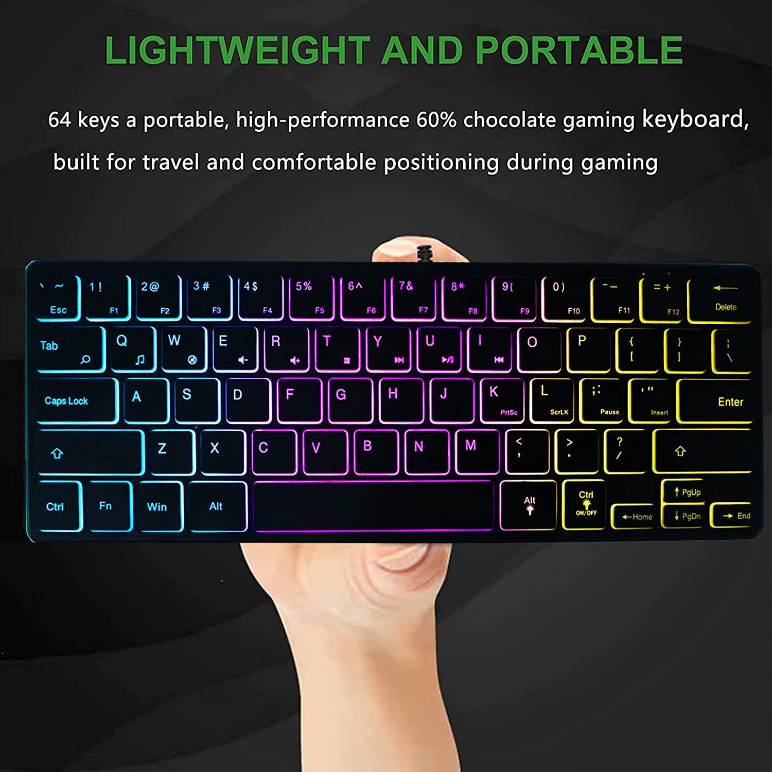 WREWING Gaming Keyboard 60 Percent, 64 Keys Compact Mini Ultra Thin Portable Wired Keyboard with Silent Click RGB Backlit Ergonomic Stand, for Gamers Office Mac Windows PC Laptop (Black)