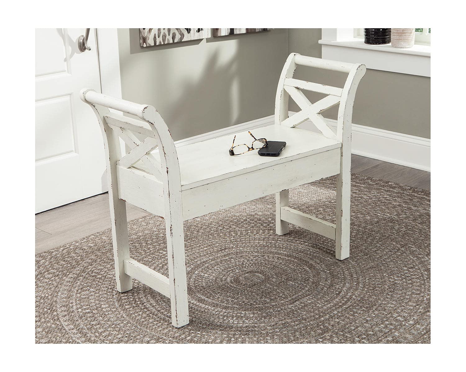 Signature Design by Ashley Heron Ridge Distressed Accent Bench with Storage, Antique White
