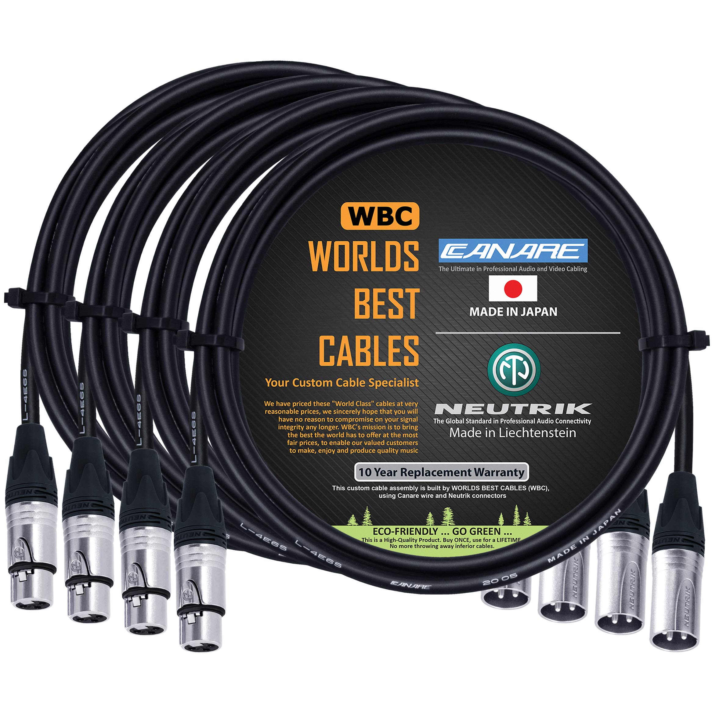 WORLDS BEST CABLES 4 Units - 3 Foot – Quad Balanced Microphone Cable CUSTOM MADE using Canare L-4E6S wire and Neutrik Silver NC3MXX Male & NC3FXX Female XLR Plugs