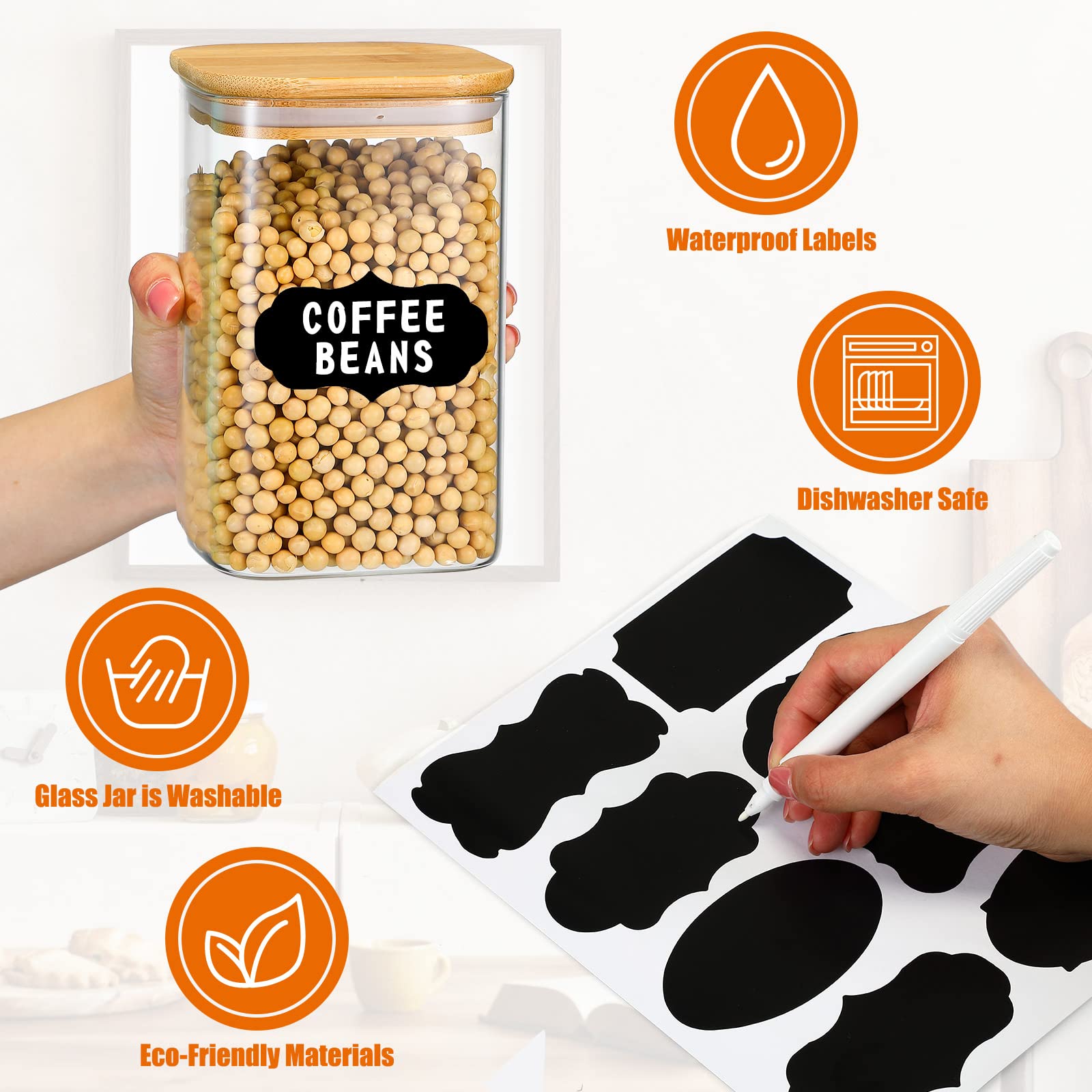 Roshtia Airtight Food Storage Containers with Bamboo Lids 6 Pieces 40 oz Glass Sugar Container 16 Labels 2 White Pens and 6 Brushes for Kitchen Seasoning Coffee Herb Spice Tea