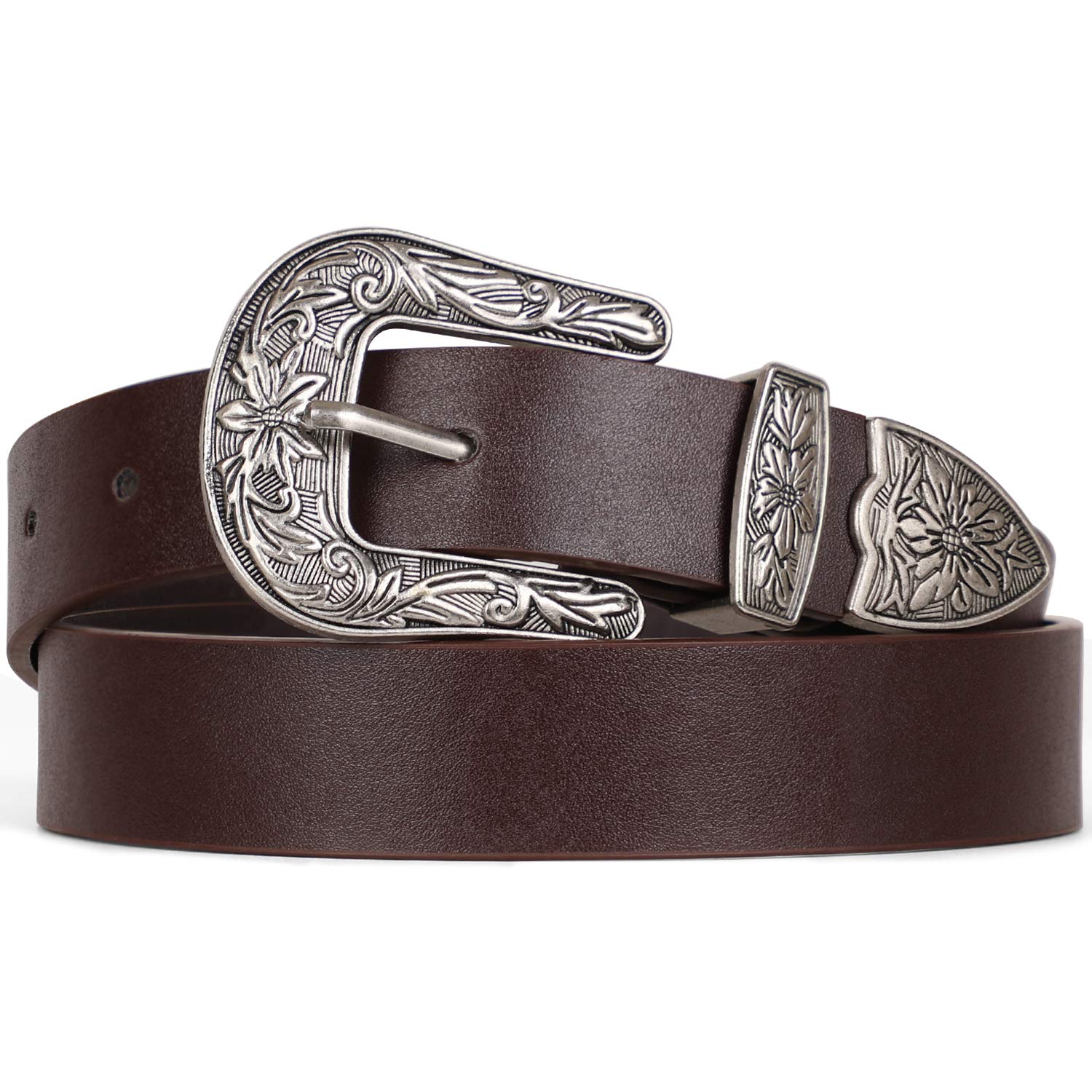 WHIPPY Western Belts for Women - Vintage Western Design Ladies Cowgirl Waist Belt for Pants Jeans Dresses (Coffee Color, Fit Waist 43-46 Inches)