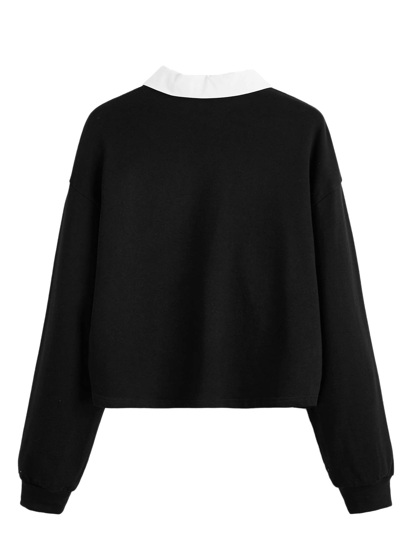 Verdusa Women's Button Front Polo Collar Drop Shoulder Pullover Top Sweatshirt Black S