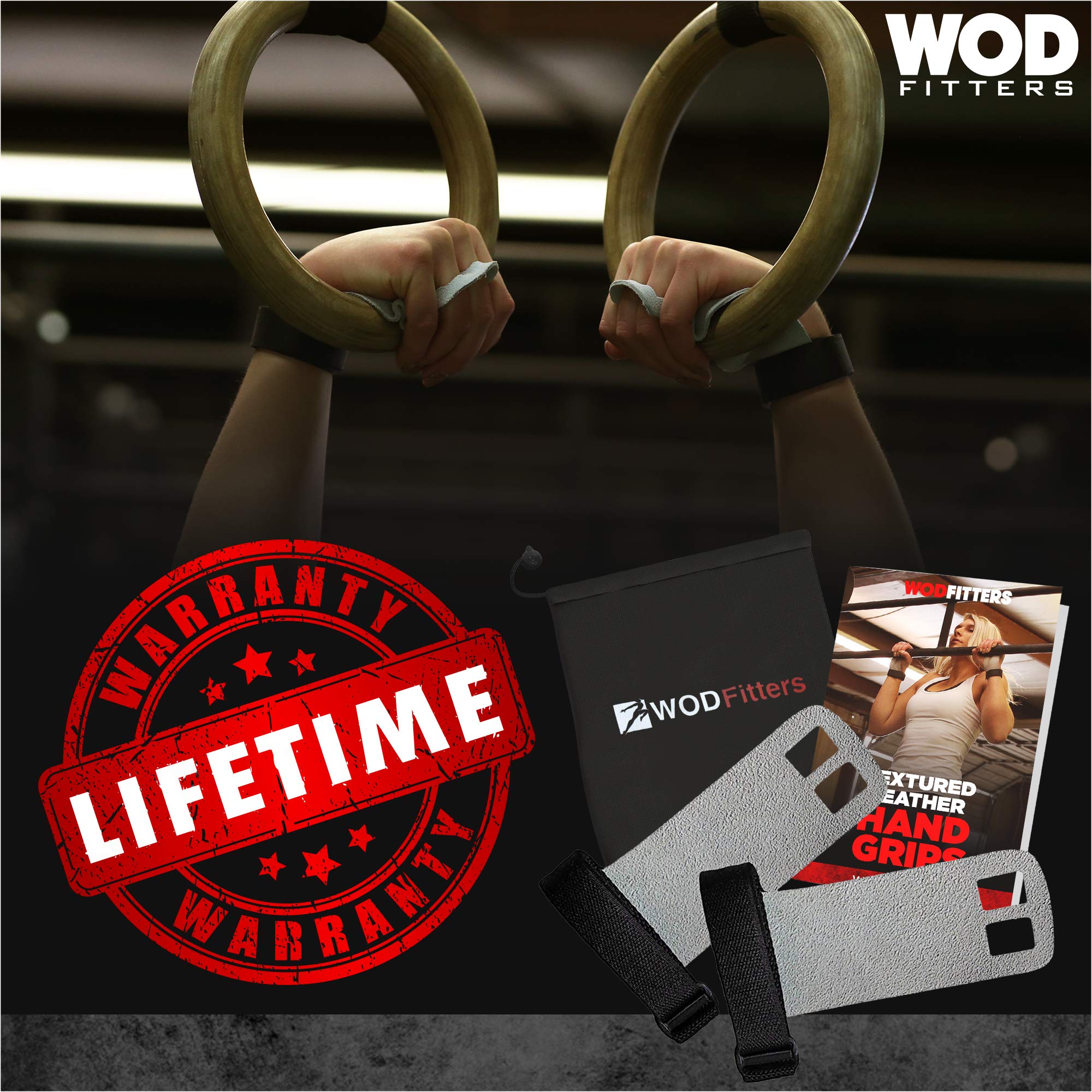 WODFitters Textured Leather Hand Grips for Cross Training, Kettlebells, Powerlifting, Chin Ups, Pull Ups, WODs & Gymnastics – with Grips Storage Pouch, Extra Small