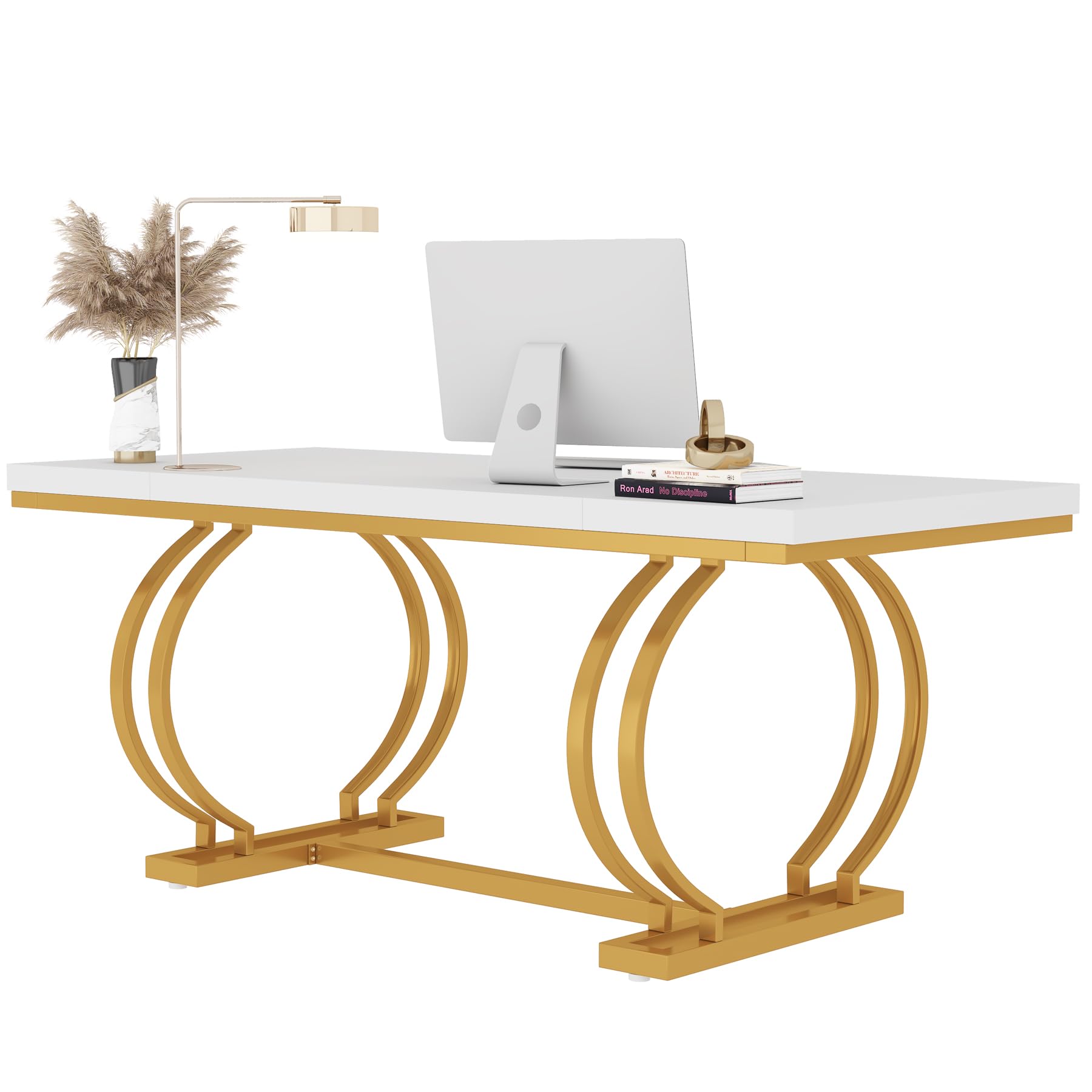 Tribesigns 70.9" Executive Desk, Large Modern Office Desk Computer Desk with Gold Metal Frame, Conference Table Meeting Room Table for Home Office, White and Gold