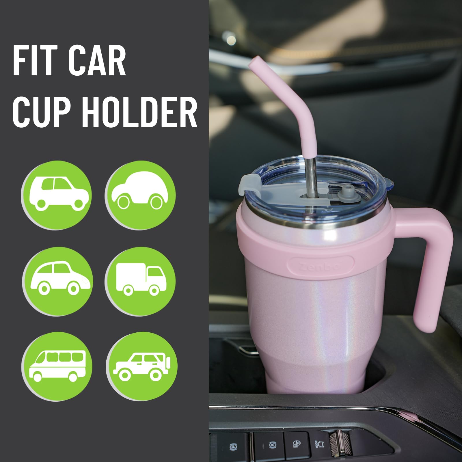 Zenbo 40 oz Glitter Tumbler with Handle, Leak-Proof Lid & Straw - Stainless Steel Insulated Cup, Keeps Cold for 34 Hrs, Car Cup Holder Compatible, Dishwasher Safe, BPA Free