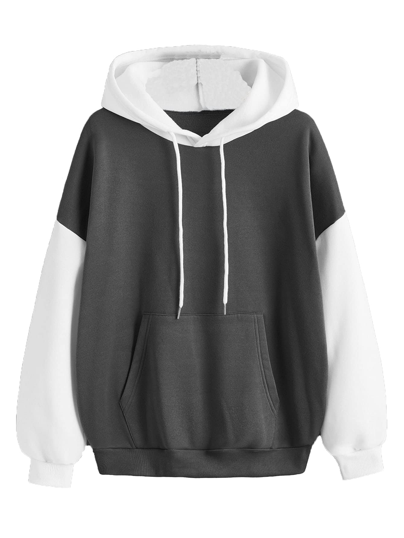 Verdusa Women's Colorblock Fleece Long Sleeve Drawstring Hoodie Top Sweatshirt Dark Grey White L