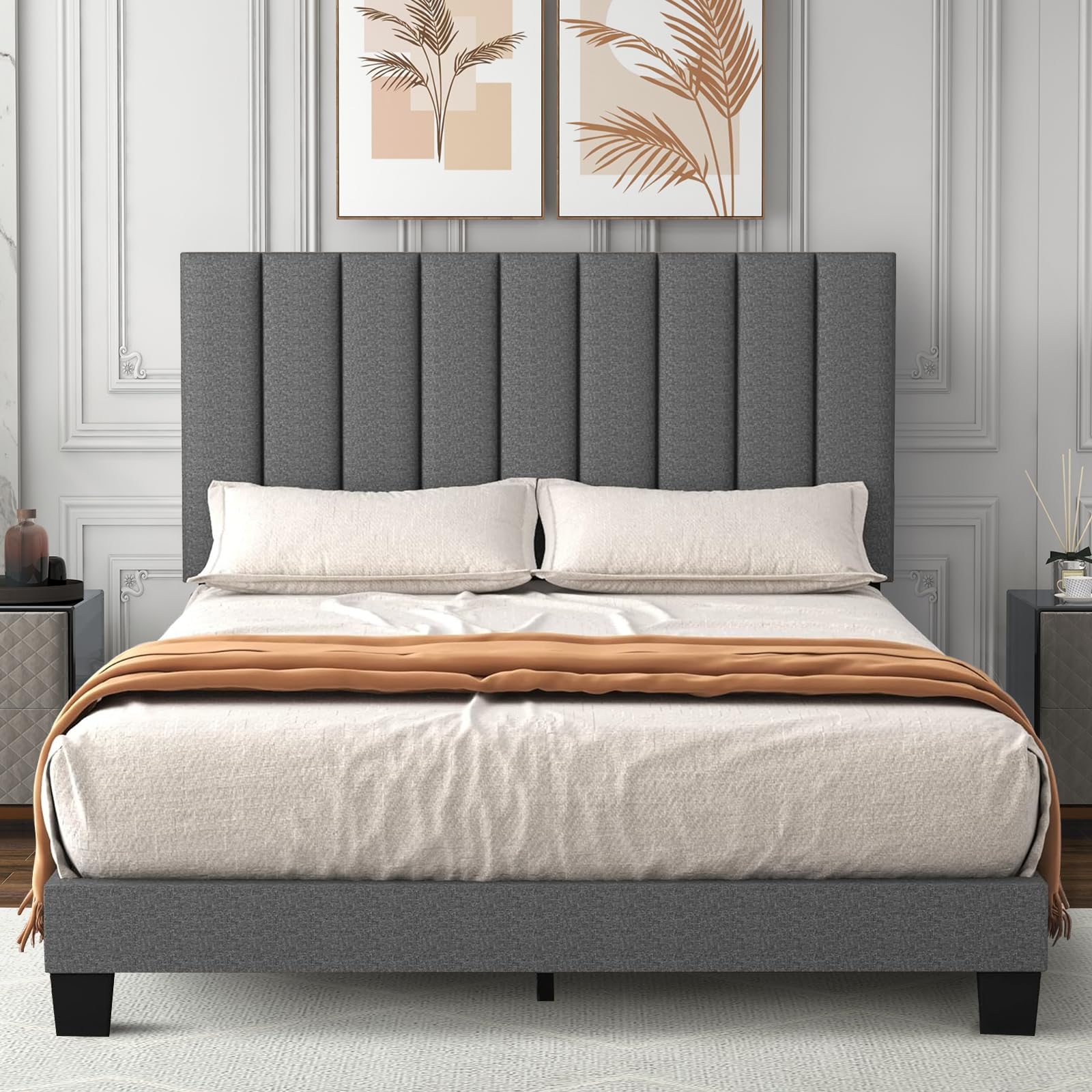 Wonder Comfort Full Size Upholstered Bed Frame with Fabric Wingback Headboard/Upholstered Platform/12 Solid Wooden Slats, Non-Slip and Noise-Free, No Box Spring Needed, Gray