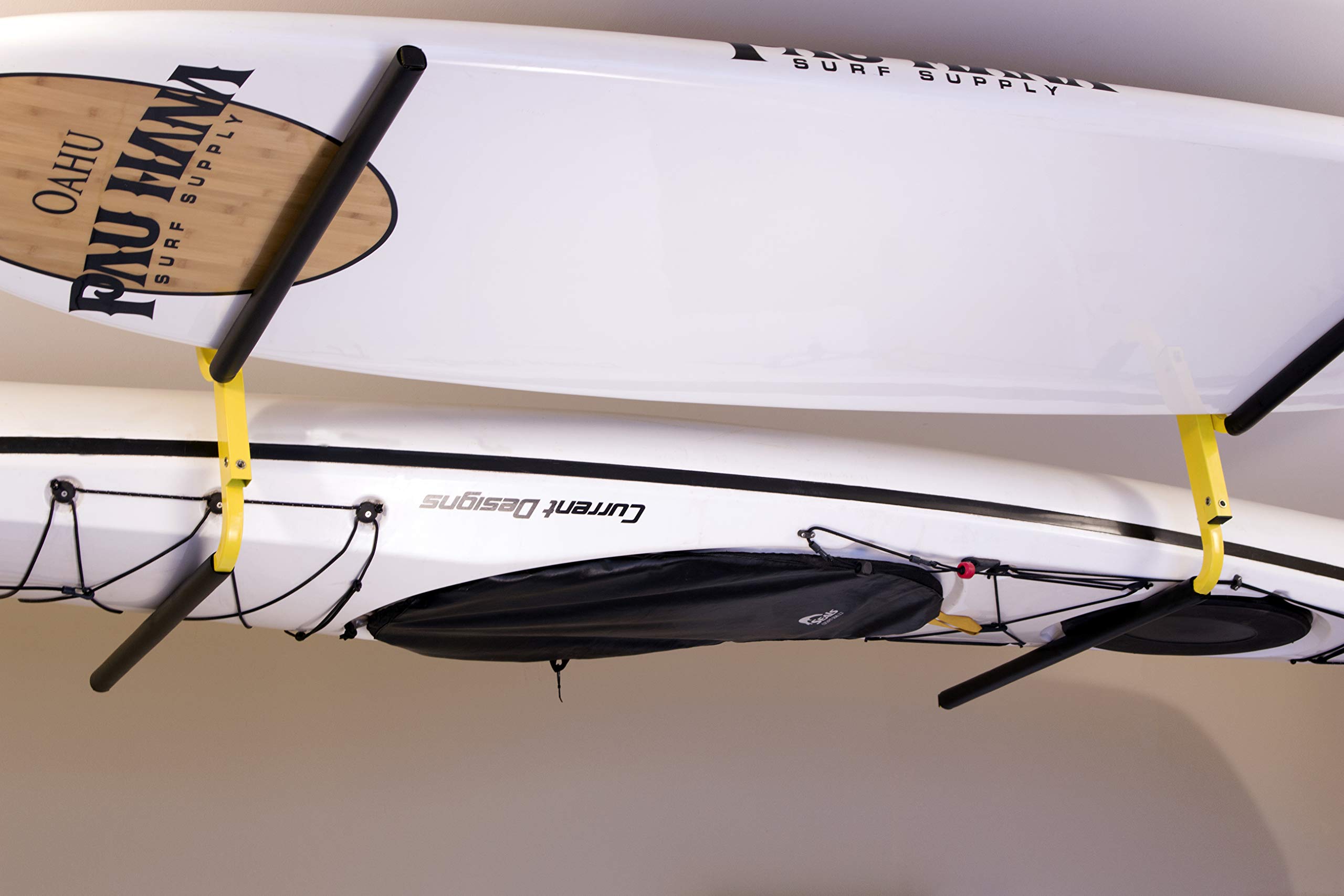 Suspenz Kayak Storage Rack, Ceiling/Under Deck Garage Hanger for 2 Kayaks and SUPs, Yellow, 11-7800