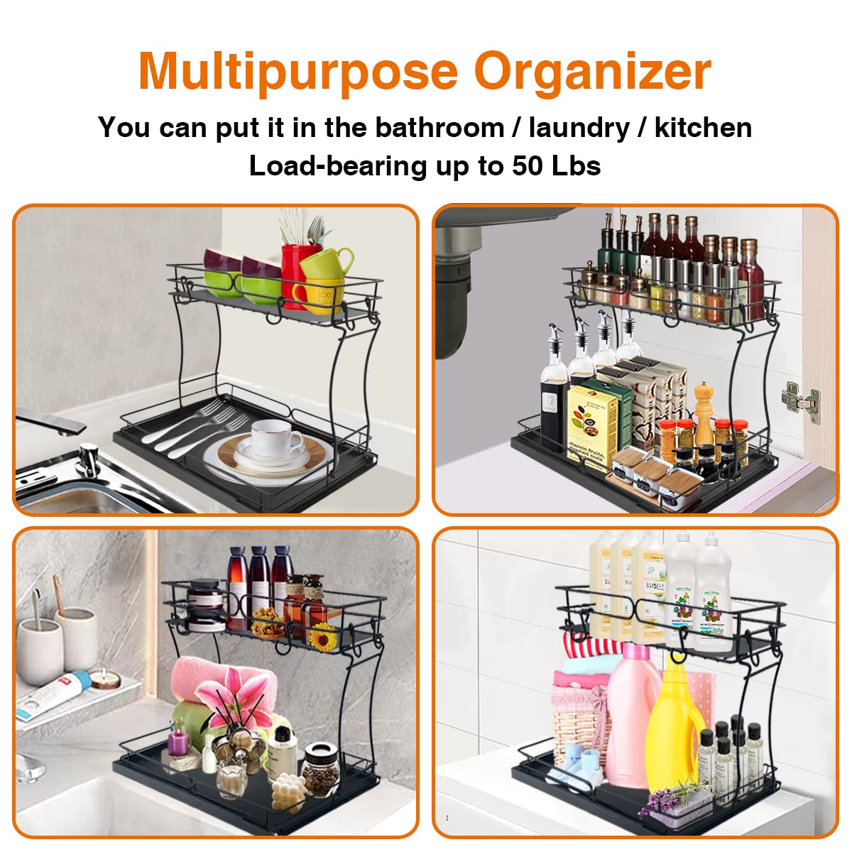 YANCONGLIDEYAN Pull Out Cabinet Organizer 2 Tier Under Sink Cabinet Organizer Storage Shelf with Sliding Storage Basket for Kitchen Bathroom Laundry Room, Request at Least 11 inch Cabinet Opening