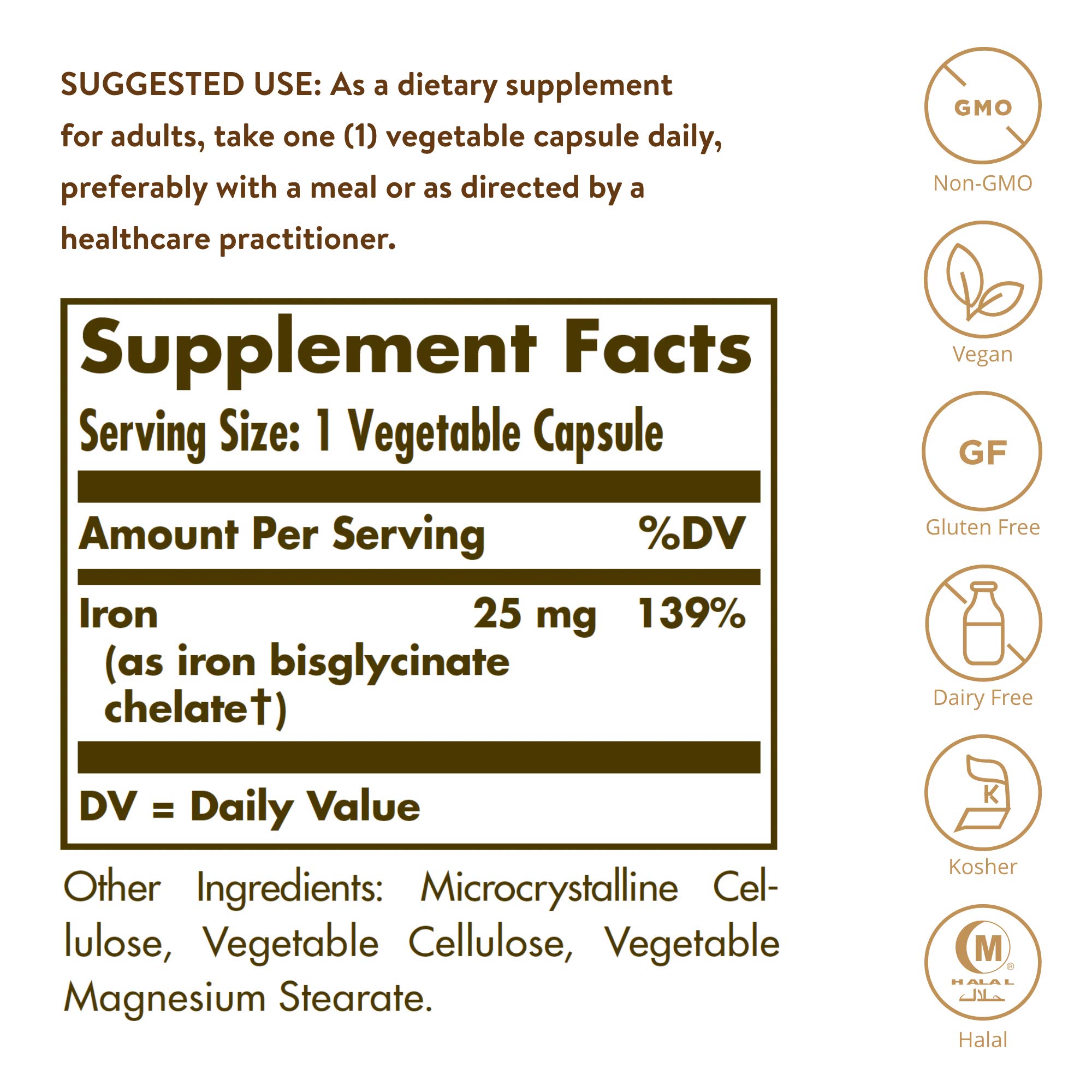 Solgar Gentle Iron (Iron Bisglycinate) 25 mg - 180 Vegetable Capsules - Non-Constipating, Gentle on Your Stomach - Non-GMO, Gluten Free - 180 Servings
