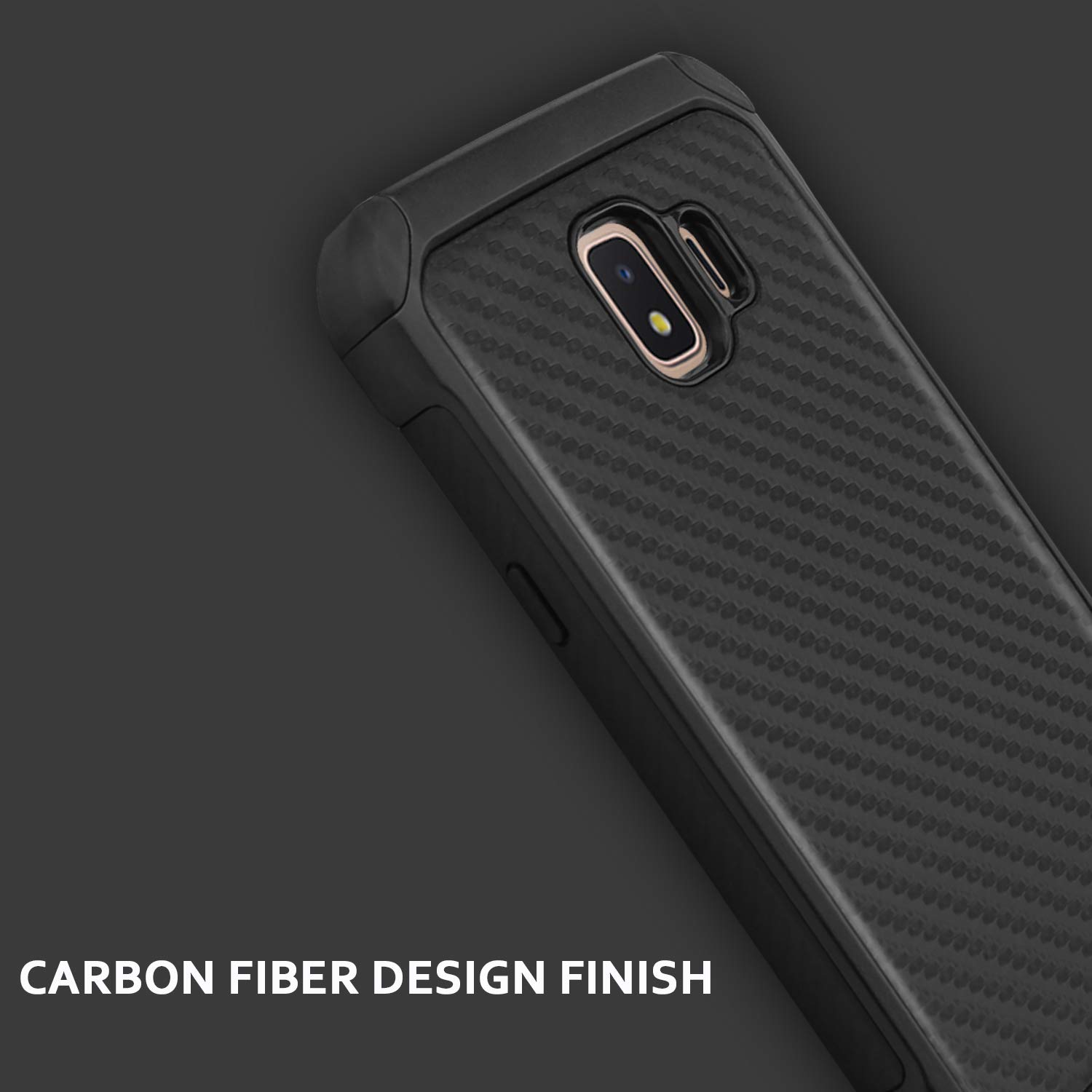 TJS Phone Case Compatible with Samsung Galaxy J2 Core/J2 2019/J2 Pure/J2 Dash/J2 Shine, Hybrid Shock Absorbing Carbon Fiber Back Hard TPU Inner Layer (Black)