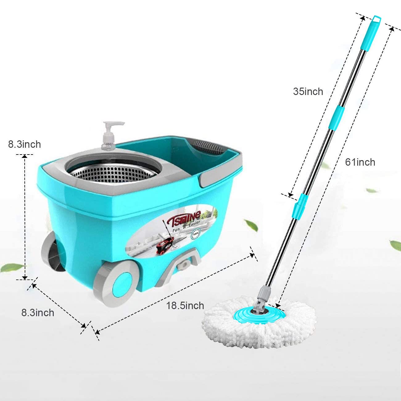 Tsmine Spin Mop Bucket System Stainless Steel Deluxe 360 Spinning Mop Bucket Floor Cleaning System with 6 Microfiber Replacement Head Refills,61" Extended Handle, 2X Wheel for Home Cleaning - MINT