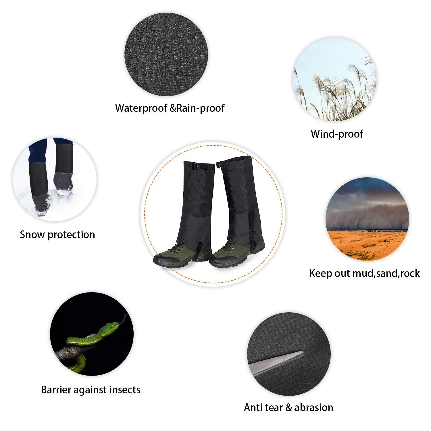 Unigear Waterproof Snow Boot Leg Gaiters for Hiking Black, Large