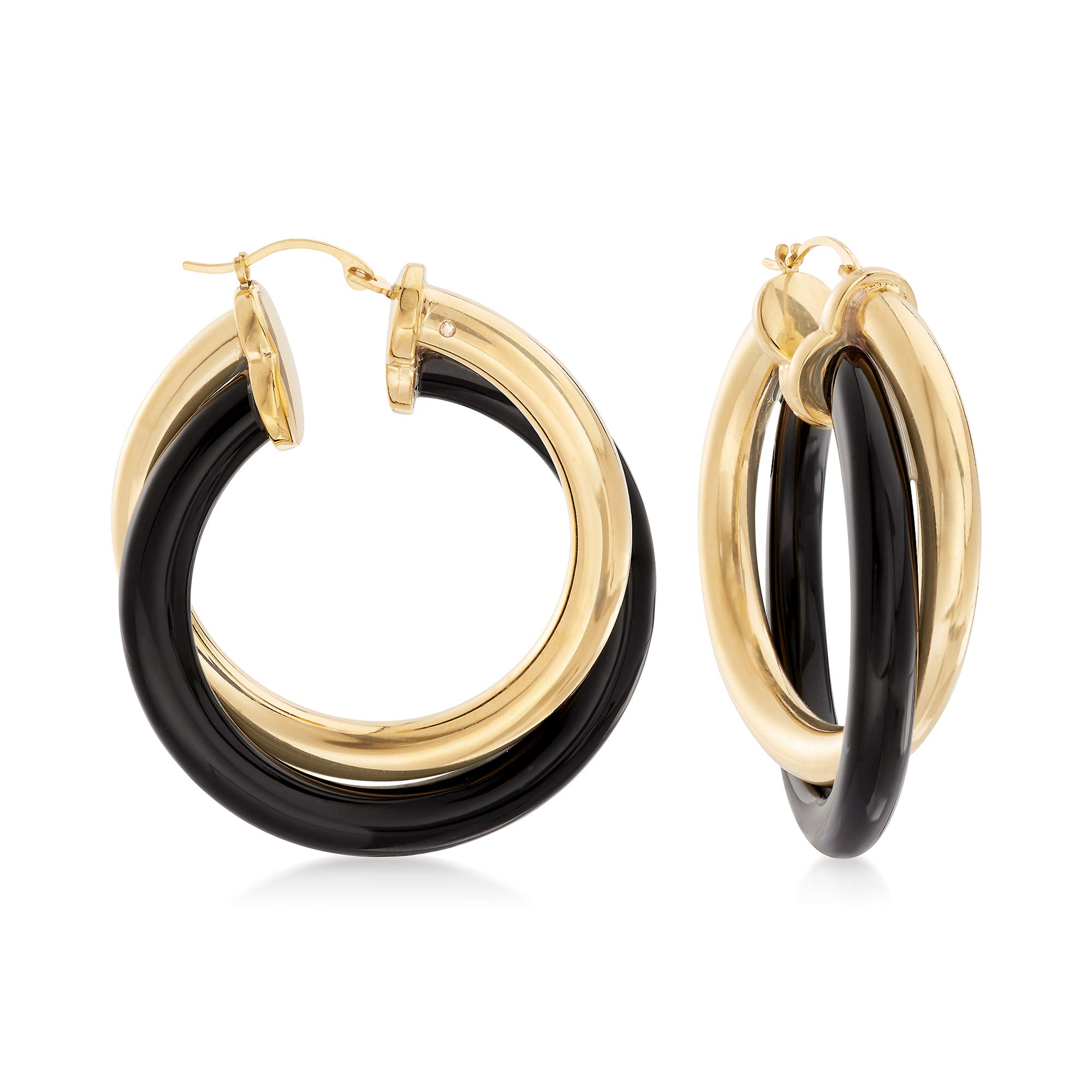 Ross-Simons Andiamo 14kt Yellow Gold and Black Onyx Hoop Earrings