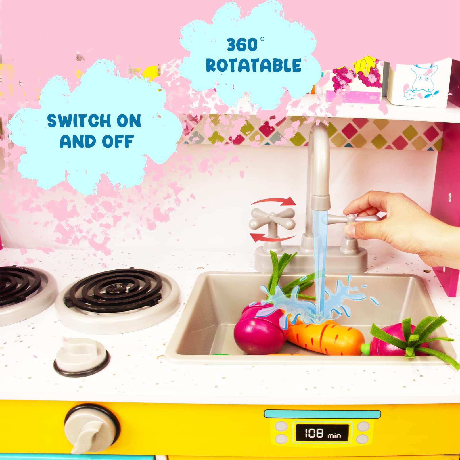 WoodenEdu Kitchen Playset for Kids Ages 3-8, Wooden Pretend Play Kitchen, Including Telephone, Ice Maker, Refrigerator, Dimensions: 35β H x 31β W x 12β D (Colorful)