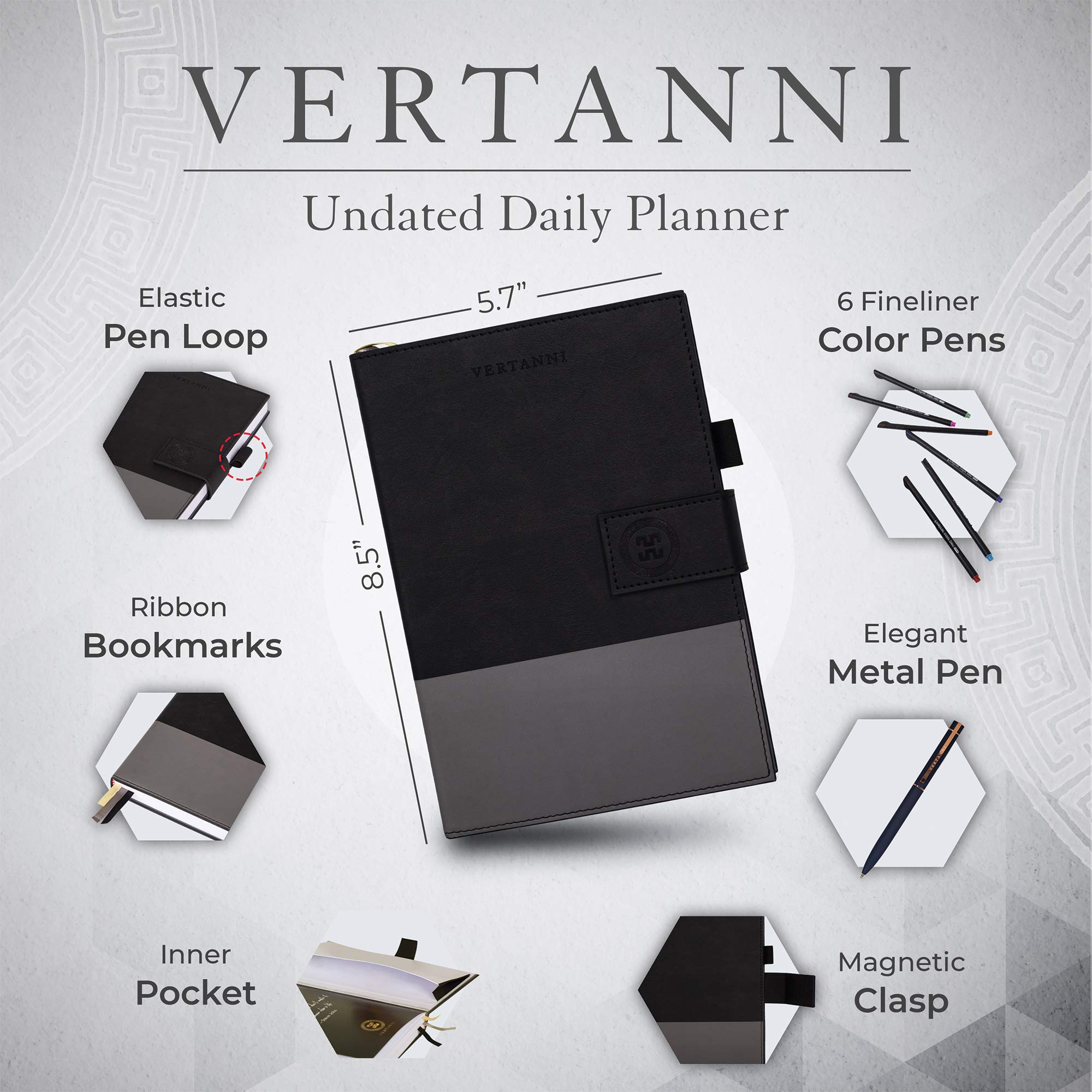 VERTANNI Daily Planner - A5 Undated Calendar Planner for 6 Months - Increase Productivity and Time Management - Organizer Notebook for Personal or Career Objectives - Boost Performance and Focus
