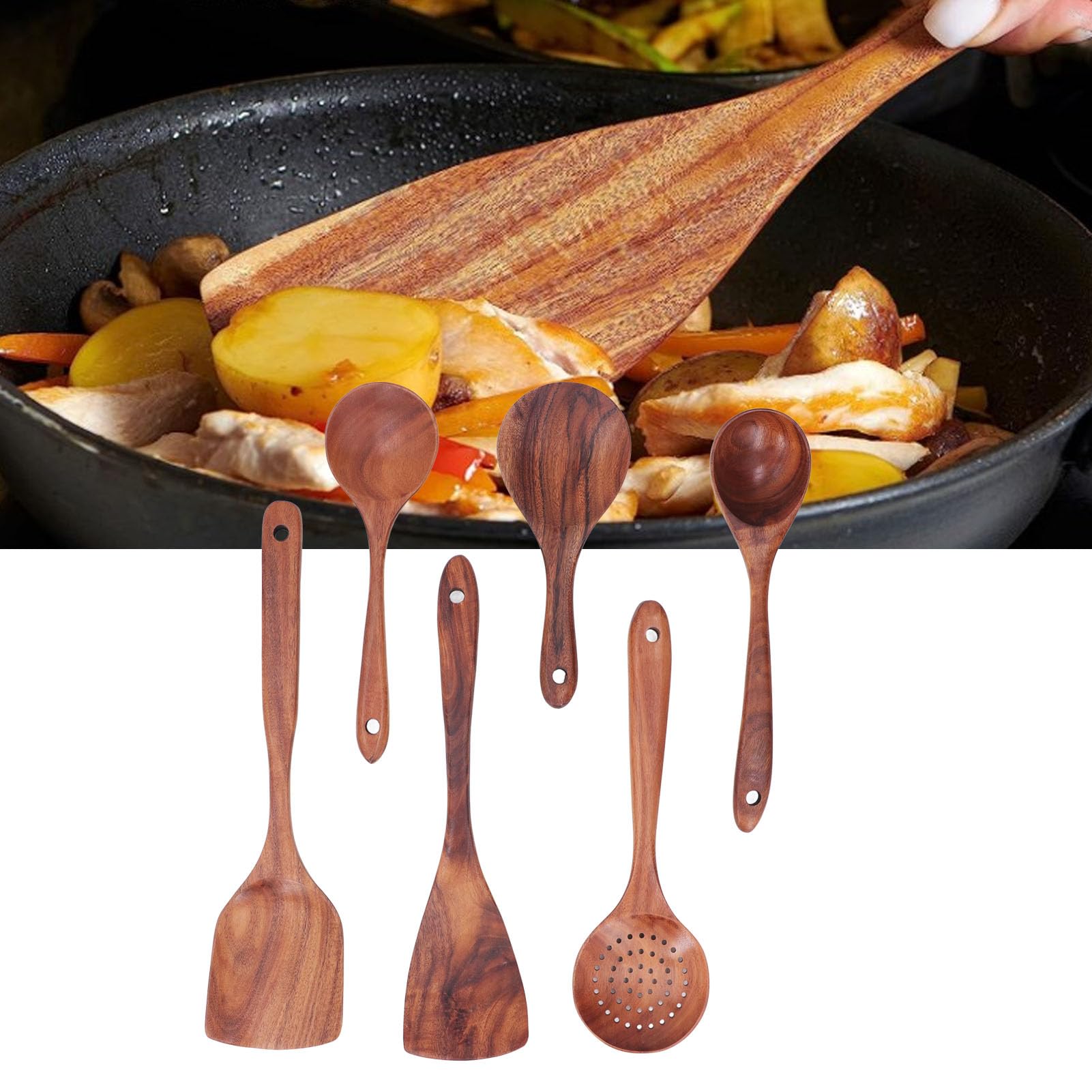 Wooden Cooking Utensils Set Comfortable Grip, Stable, Premium Wood Material, Simple & Stylish Design, Versatile Kitchen Utensils with Holder for Nonstick Cookware