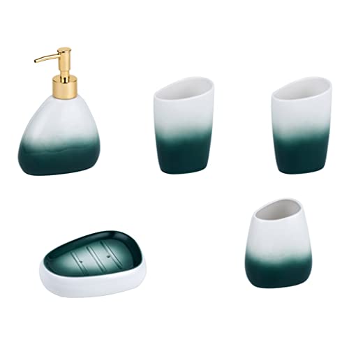 XENITE Soap Dispenser Gradient Green Soap Dispenser, 5 Piece Bathroom Accessories Set, Including Mouthwash Cup, Toothbrush Cup & Soap Dish, 15.2oz Reusable Soap (Color : 5 Piece Set)