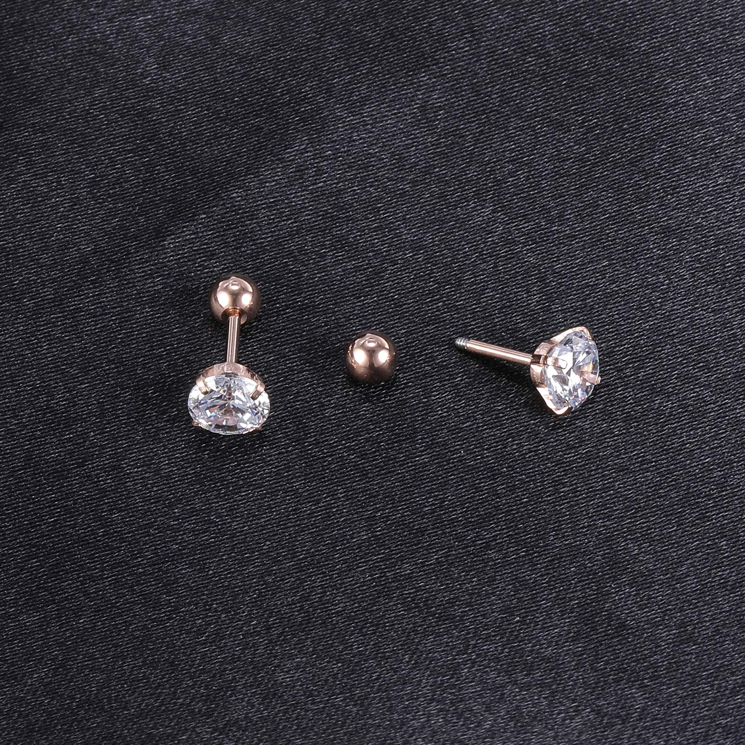 ZS 6 Pairs Shiny Round Cubic Zirconia Surgical Steel Stud Earrings Tragus Helix Conch Piercing Cartilage Sets (6 Pairs.3-8mm Cubic(Rose-gold,Ball Back))