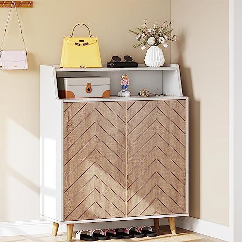 YITAHOME Shoe Cabinet with Doors, 5-Tier Shoe Storage Cabinet with Open Shelves, Large Capacity Wooden Shoes Rack Organizer with Pine Wood Legs for Entryway/Hallway/Closet, White