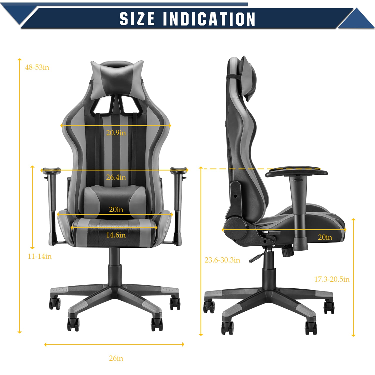 Soontrans Reclining Home Office Chair,Ergonomic Computer Chair,Executive Swivel Task Chair,Racing Gaming Chair with Adjustable Recliner Armrest Headrest and Lumbar Pillow Support (Gray)