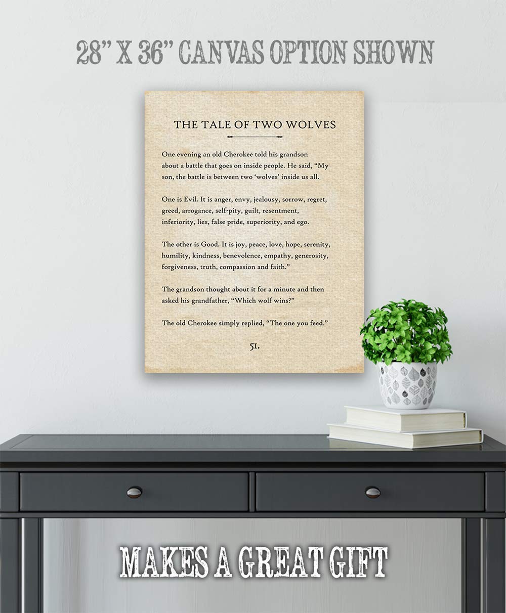 The Tale of Two Wolves Cherokee Poster - Canvas or Poster Native American Book Page Print - Great Motivational and Inspirational Gift for Home and Office Native American Decor for Home