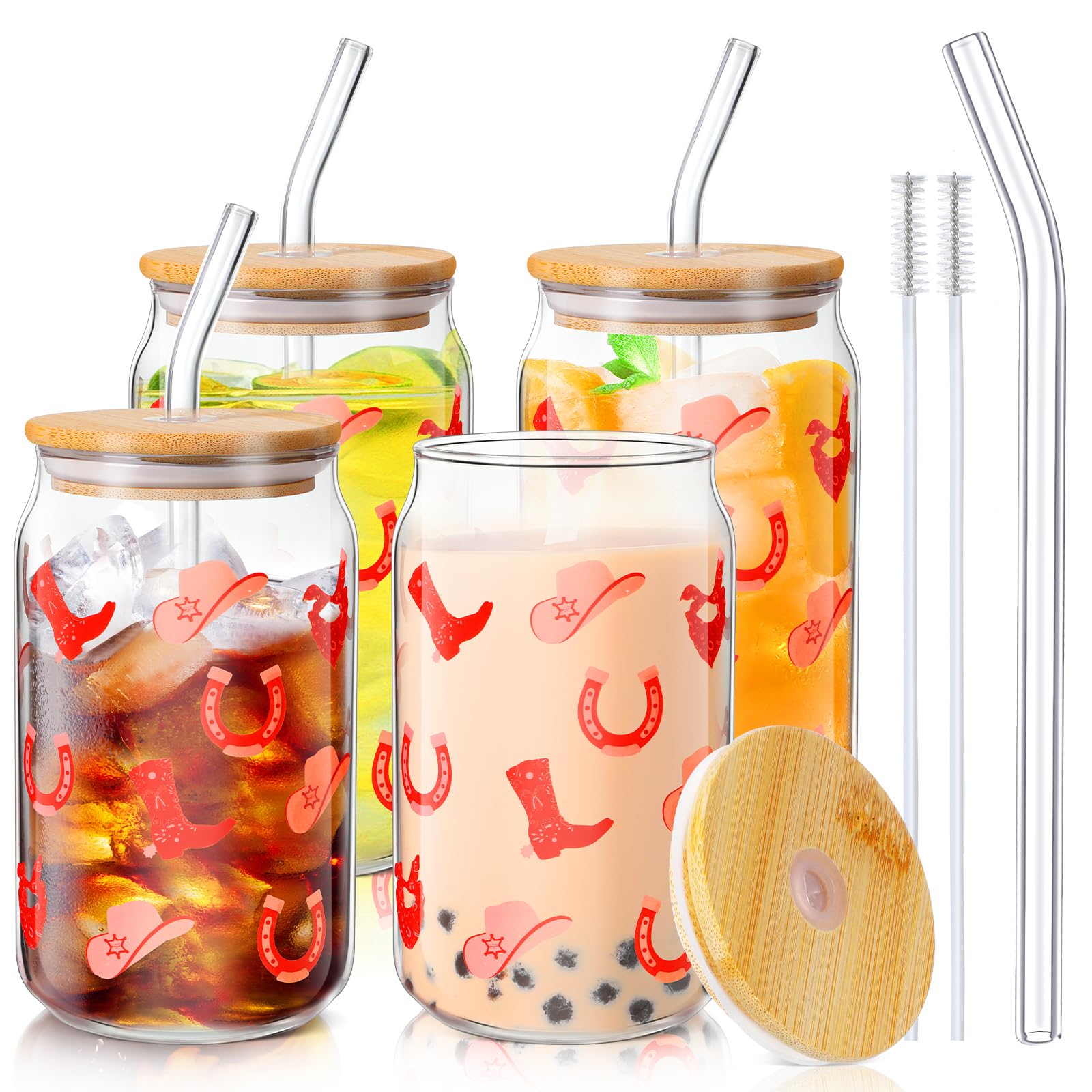Yaomiao 4 Sets Glass Cups with Bamboo Lids and Straws, 16 oz Drinking Beer Can Iced Coffee Cup with Lid Straw and Cleaning Brush Reusable Tumbler Drinking Glass Coffee Gift Idea (Cowgirl)