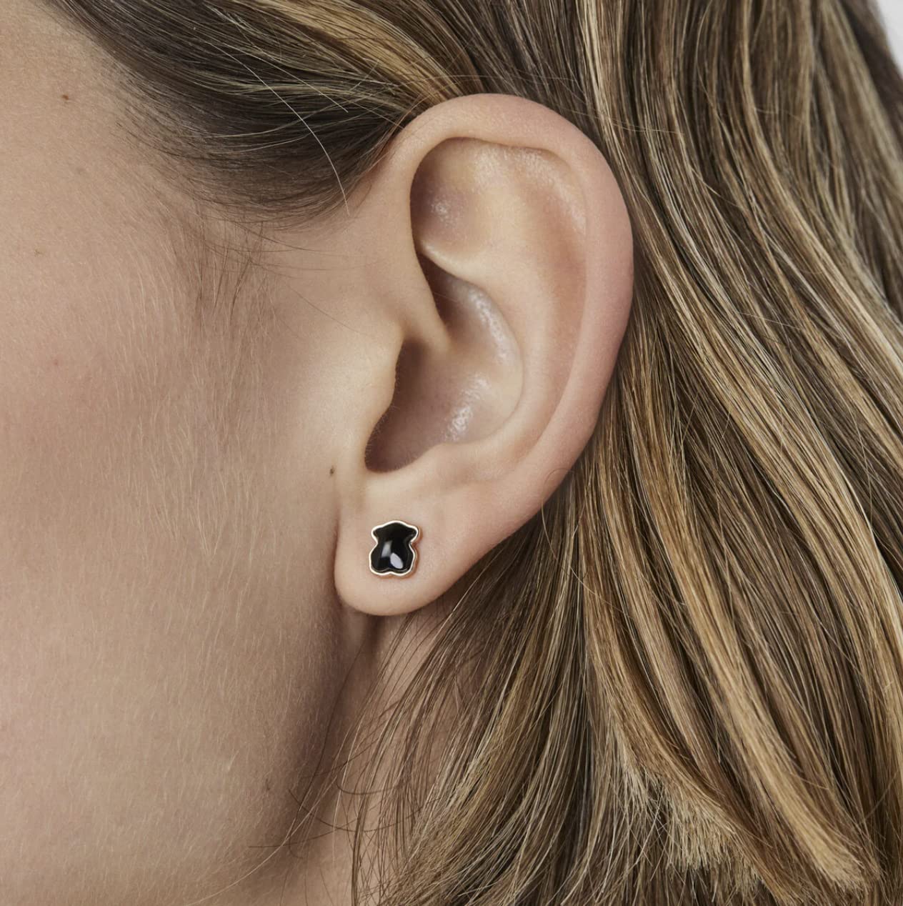 TOUS Rose Vermeil Silver Earrings for Women with Onyx & Bear Motif, Size: 0.7 cm. Motif Collection