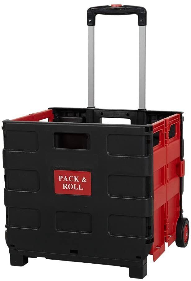 Shopping Cart Folding Basket Utility Cart Plastic Collapsible Trolley Rolling Wheels Utility (Red)