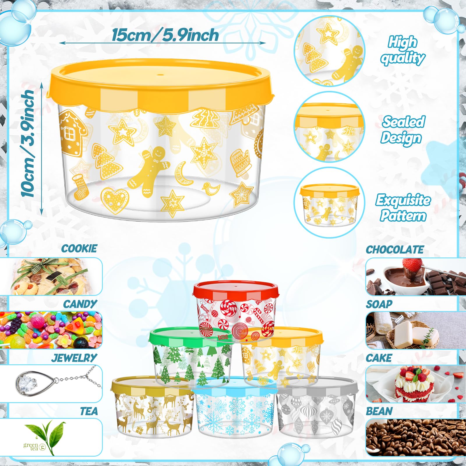 Yaomiao 6 Pcs Christmas Cookie Storage Buckets with Lids Decorative Christmas Themed Plastic Bucket Stackable Snack Container Cookie Jars Winter Candy Containers for Holiday Baked Goods Gift Giving