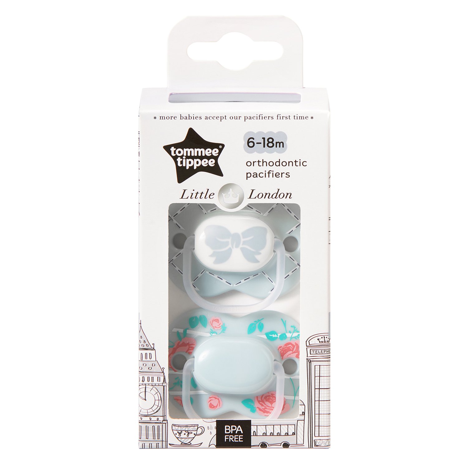 Tommee Tippee Little London Pacifiers, Symmetrical Design, BPA-Free Silicone Binkies, 6-18m, 2-Count (Styles May Vary)