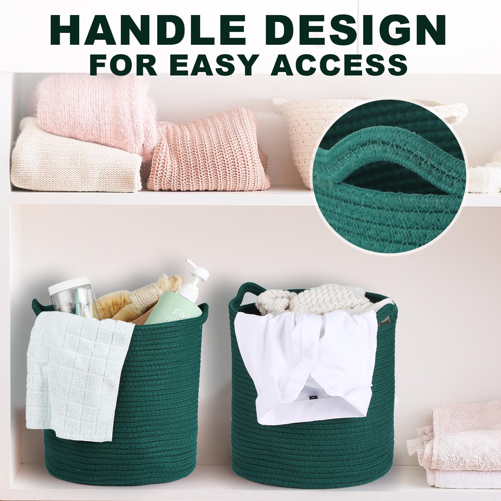 Yaomiao 8 Pcs Woven Basket with Handles Storage Cube Bins Cubby Storage Organizer 11x11x11'' Cube Storage Bins Toy Organization Bulk for Closet Shelf Bookcasestoy Clothes, Round and Green